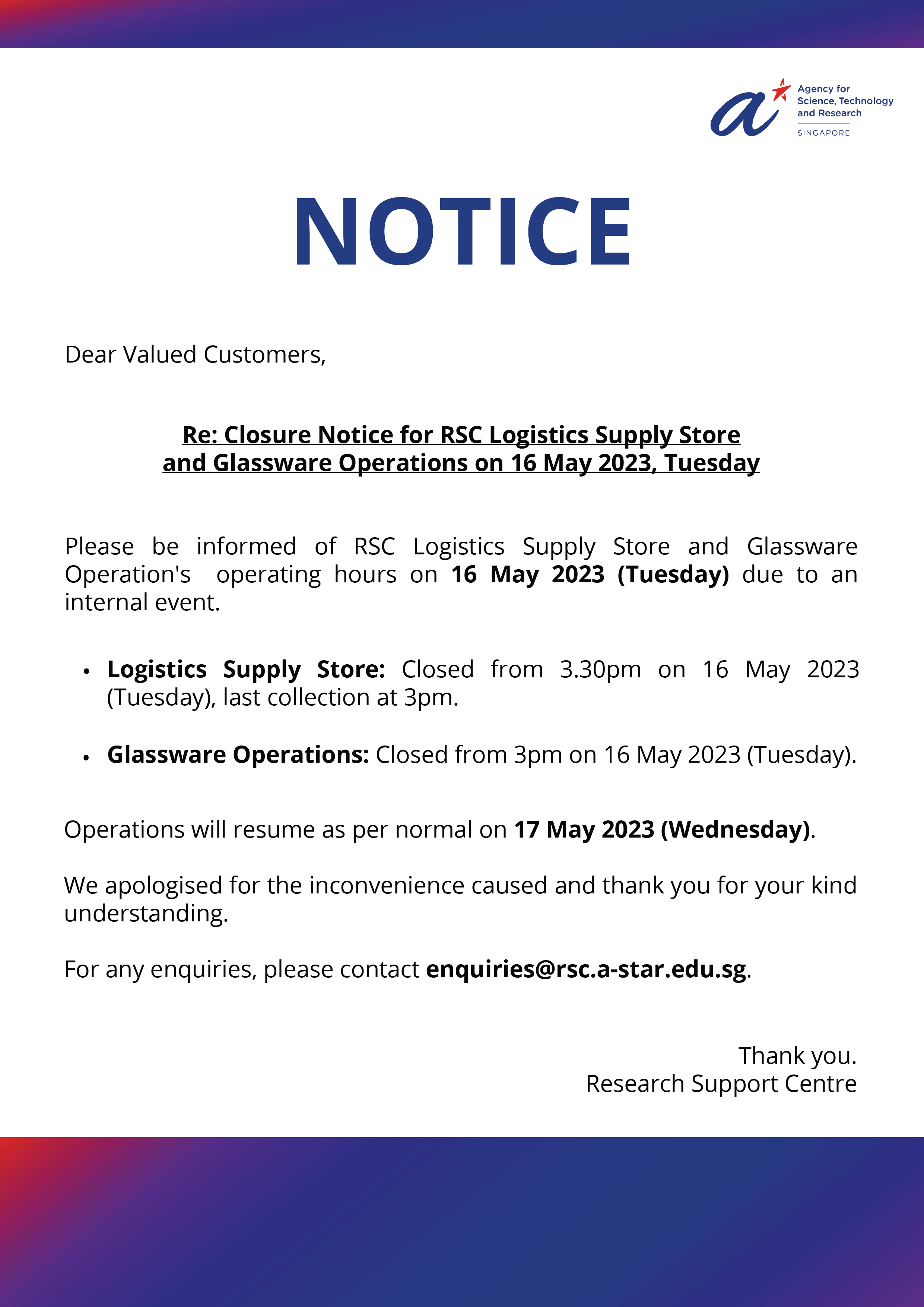 [RSC Announcement] Closure for RSC Logistics Supply Store & Glassware ...