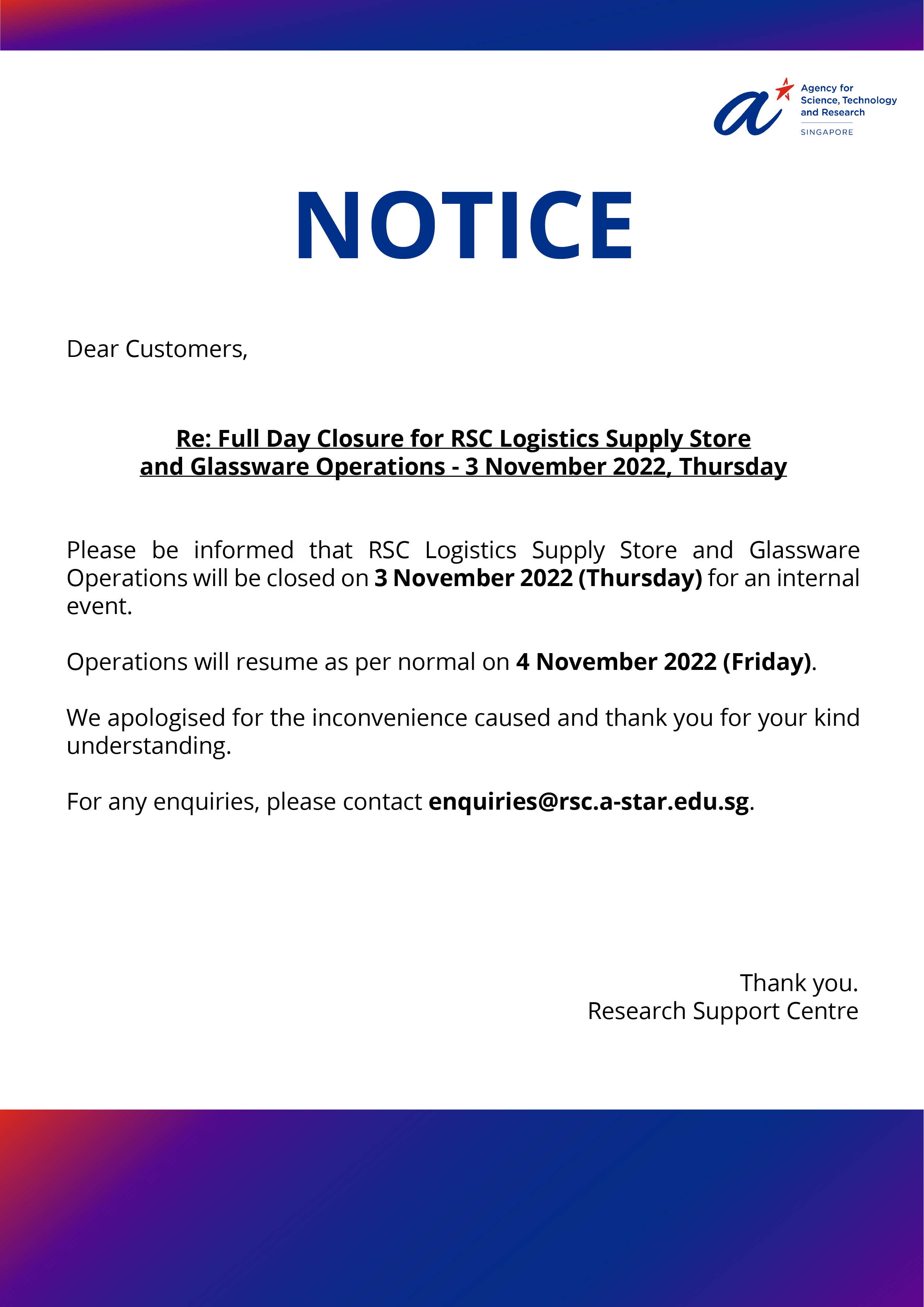 [RSC Announcement] Closure Notice for RSC Logistics Supply Store and ...